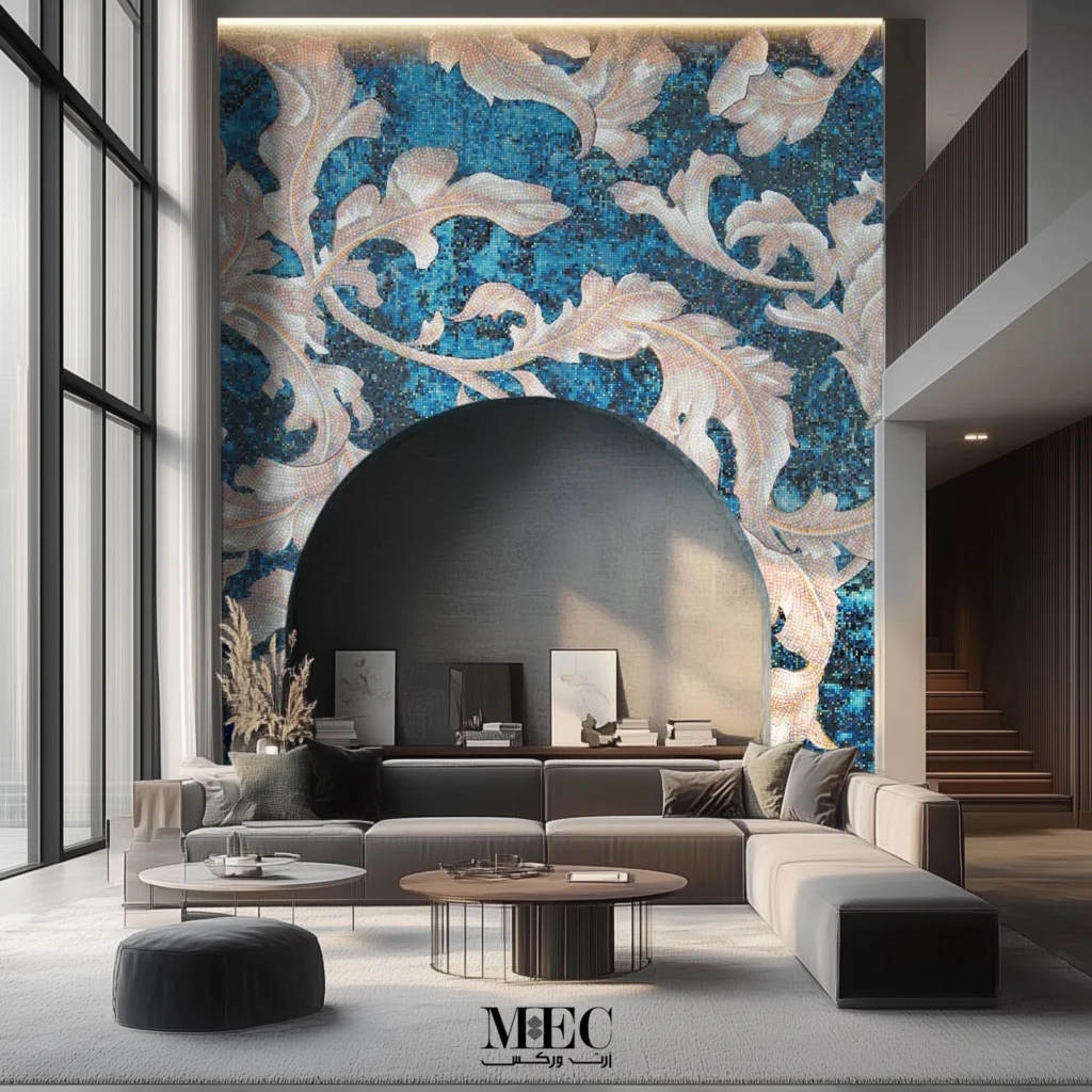 Imperial Flora Mosaic Wall with Blue and Ivory Accents | MEC Artworks GCC