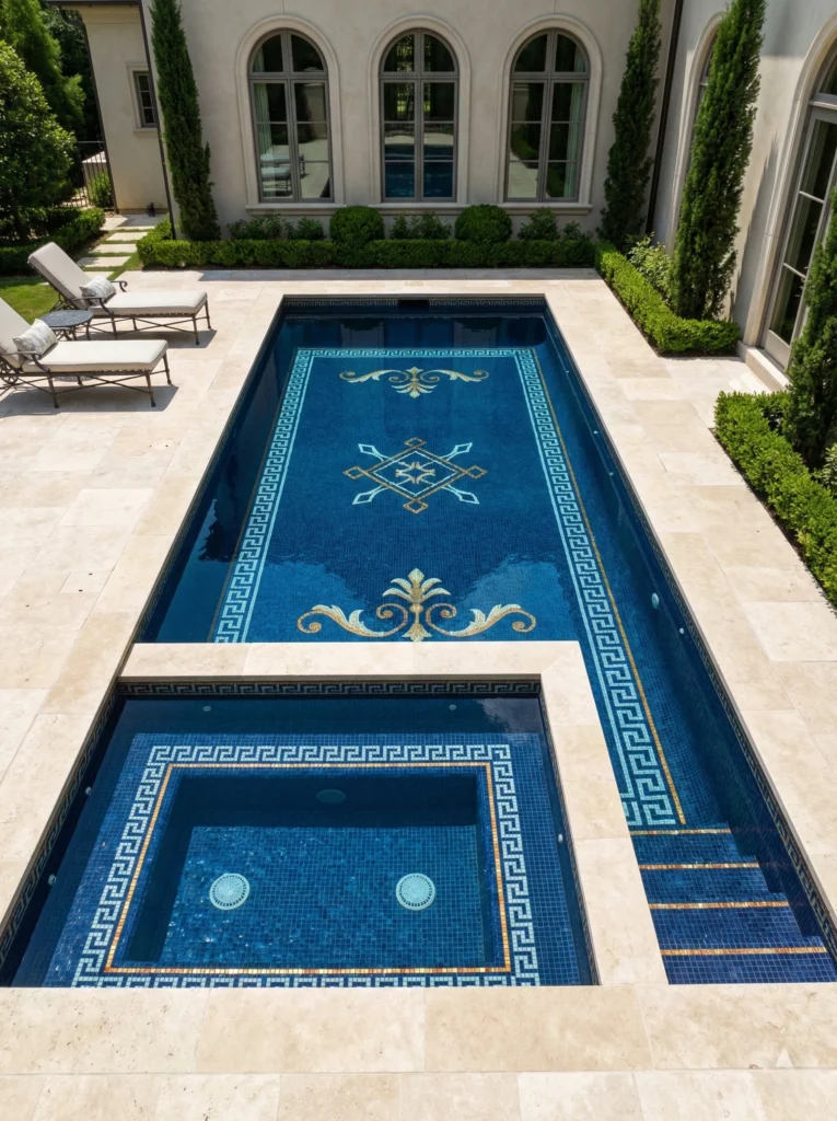 Deep Blue Pool Mosaic with Gold Accents | MEC Artworks GCC